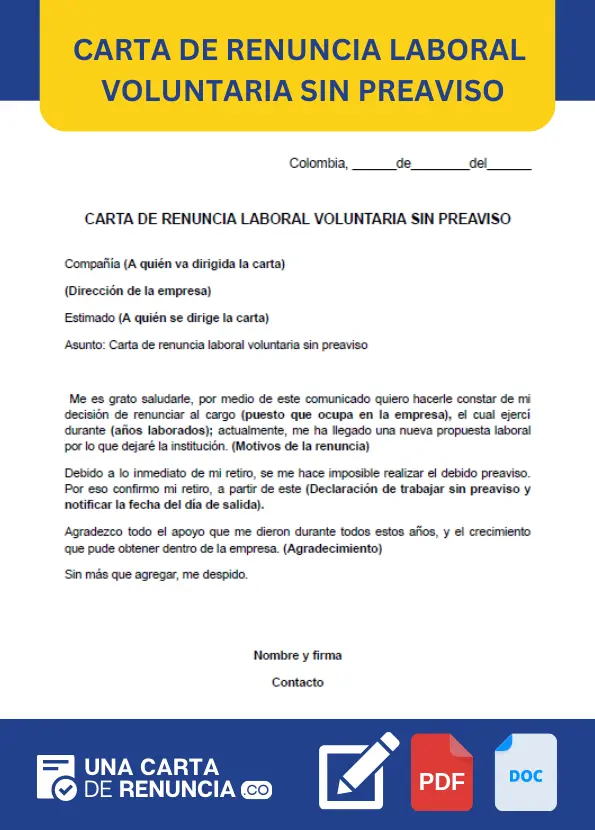 ᐅ Carta de Renuncia Laboral Voluntaria Sin Preaviso ️
