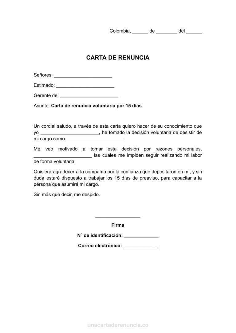 Carta de renuncia voluntaria 15 días de anticipación – Carta de ...