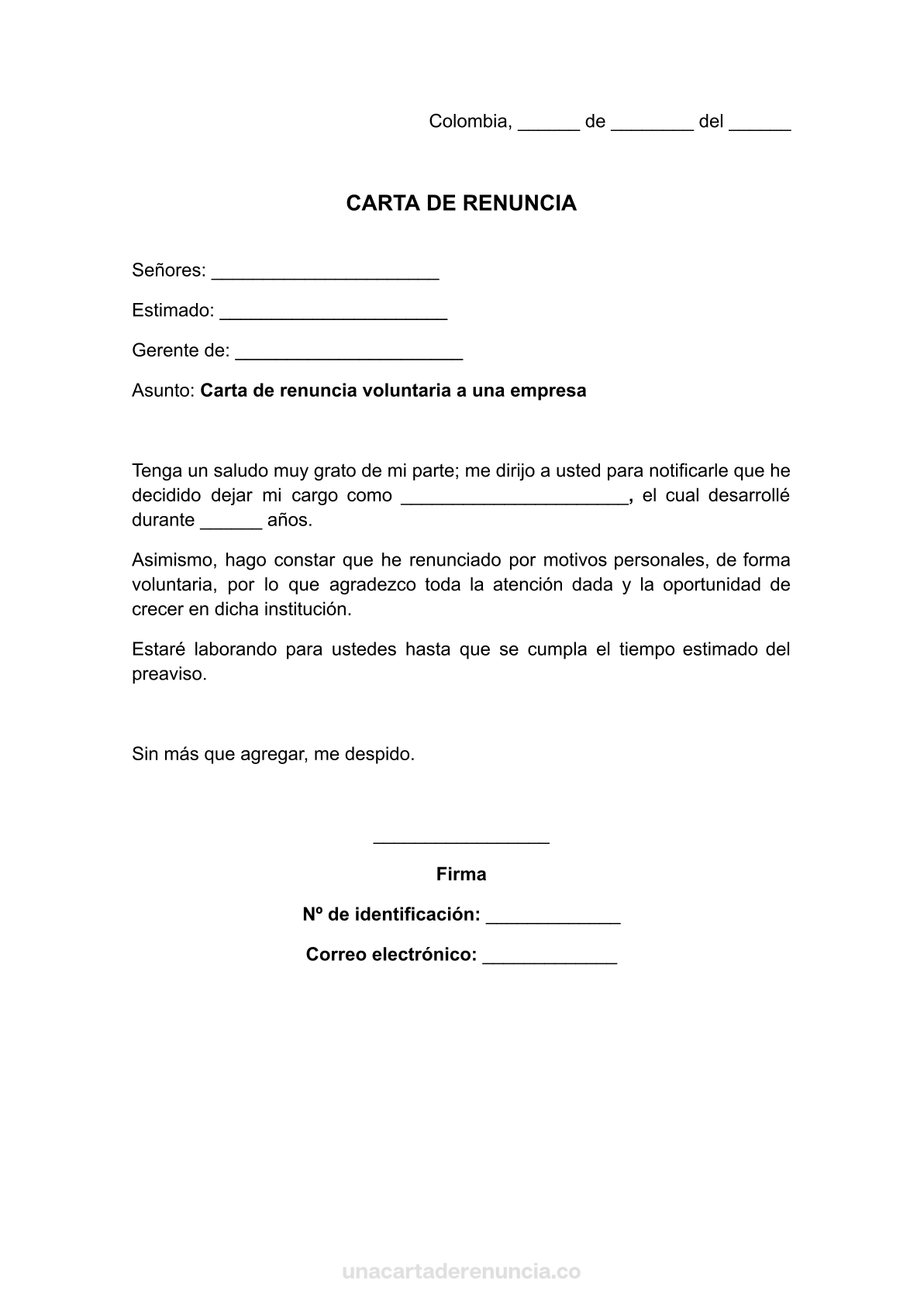 Carta de renuncia voluntaria a una empresa – Carta de Renuncia Colombia